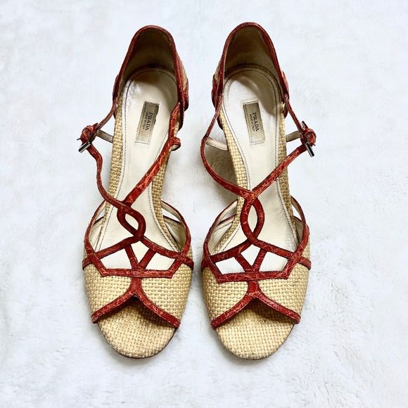 Prada | Shoes | Prada Womens Raffia Tstrap Wedge Heel Sandals Size Us 7 ...